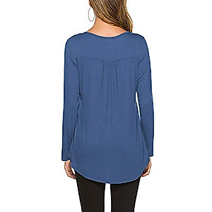 Halife Womens Long Sleeve Tops to Wear with Leggings Henley V Neck T Shirts Pleated Tunic Fall Blouse Blue L