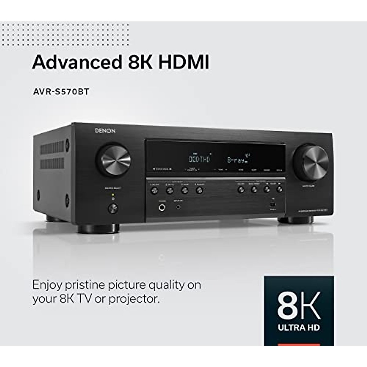 Denon AVR-S570BT 5.2 Channel AV Receiver - 8K Ultra HD Audio & Video, Enhanced Gaming Experience, Wireless Streaming via Built-in Bluetooth, (4) 8K HDMI Inputs, Supports eARC, HD Setup Assistant