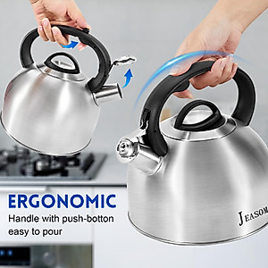Jeasom Tea Kettle Stovetop - Food Grade Stainless Steel Whistling Tea Pot with Ergonomic Handle, Unique Button Control Kettle Outlet, Can Be Used in the Kitchen or Camping, 3.1 Q/3L