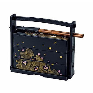 JapanBargain 1951, Japanese Lunch Bento Box Three Tiers with Chopsticks Traditional Plastic Lacquered Sushi Serving Container Sakura Cherry Blossom Pattern, Made in Japan