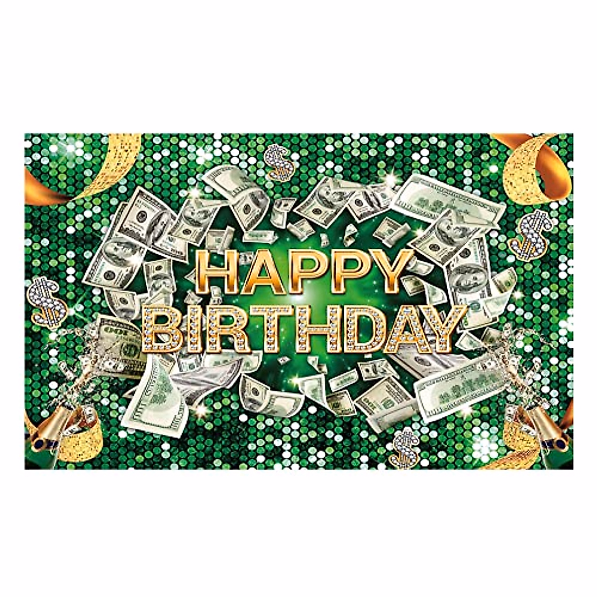 Funnytree 70.8" x 43.3" Money Birthday Backdrop Green Happy Birthday Party Banner Glitter Diamond Luxury Champagne Background Supplies Cake Table Decor Gifts Photobooth Props