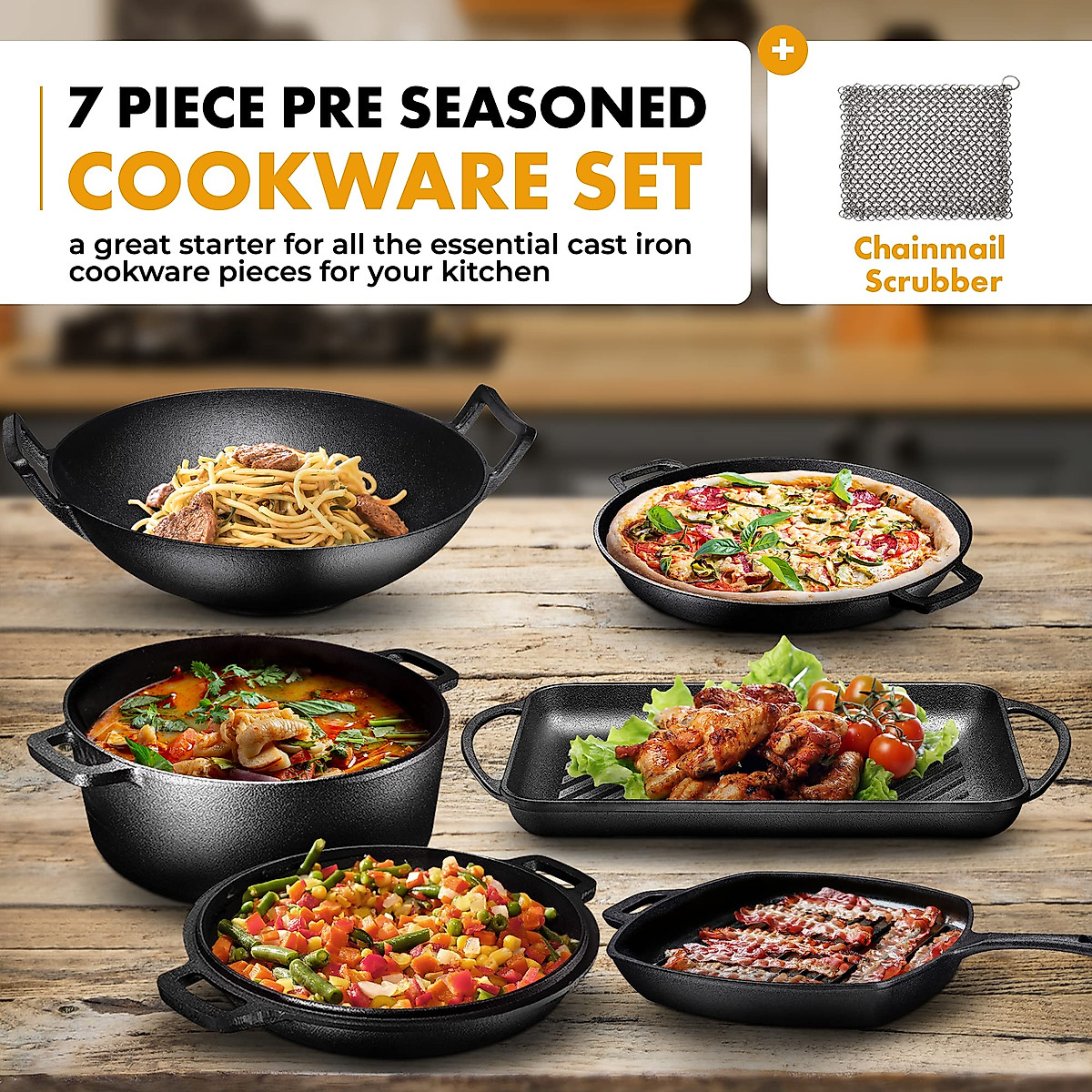 Pre Seasoned Cast Iron 7 Piece Bundle Gift Set, Double Dutch, Rectangular grill Pan, Wok, Large Skillet, Square Grill Pan & Chainmail, Camping Cookware Set