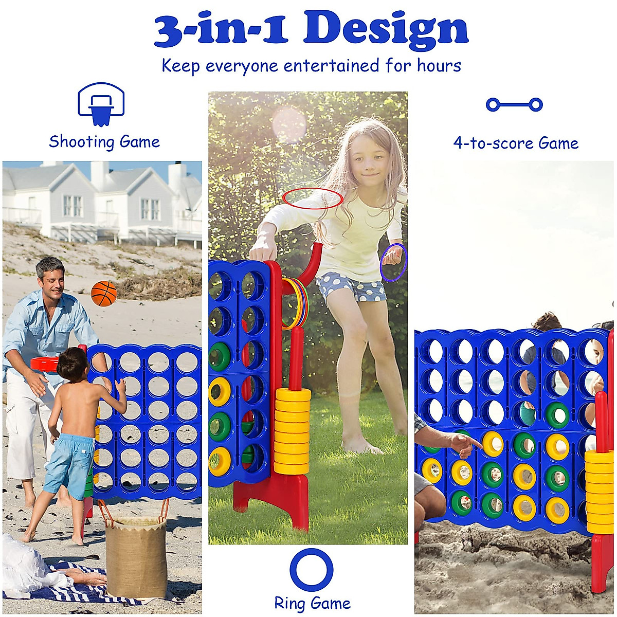 Costzon Giant 4-in-A-Row, Jumbo 4-to-Score Giant Game w/Basketball Hoop, Ring Toss, Quick-Release Slider, 42 Jumbo Rings, Indoor Outdoor Family Connect Game for Kids & Adults, Backyard Games, Red