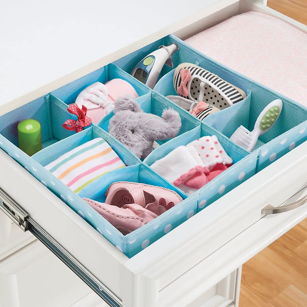 mDesign Soft Fabric 9 Section Dresser Drawer and Closet Storage Organizer for Child/Kids Room, Nursery, Playroom - Divided Large Organizer Bin - Herringbone Print - Turquoise/White - 2 Pack