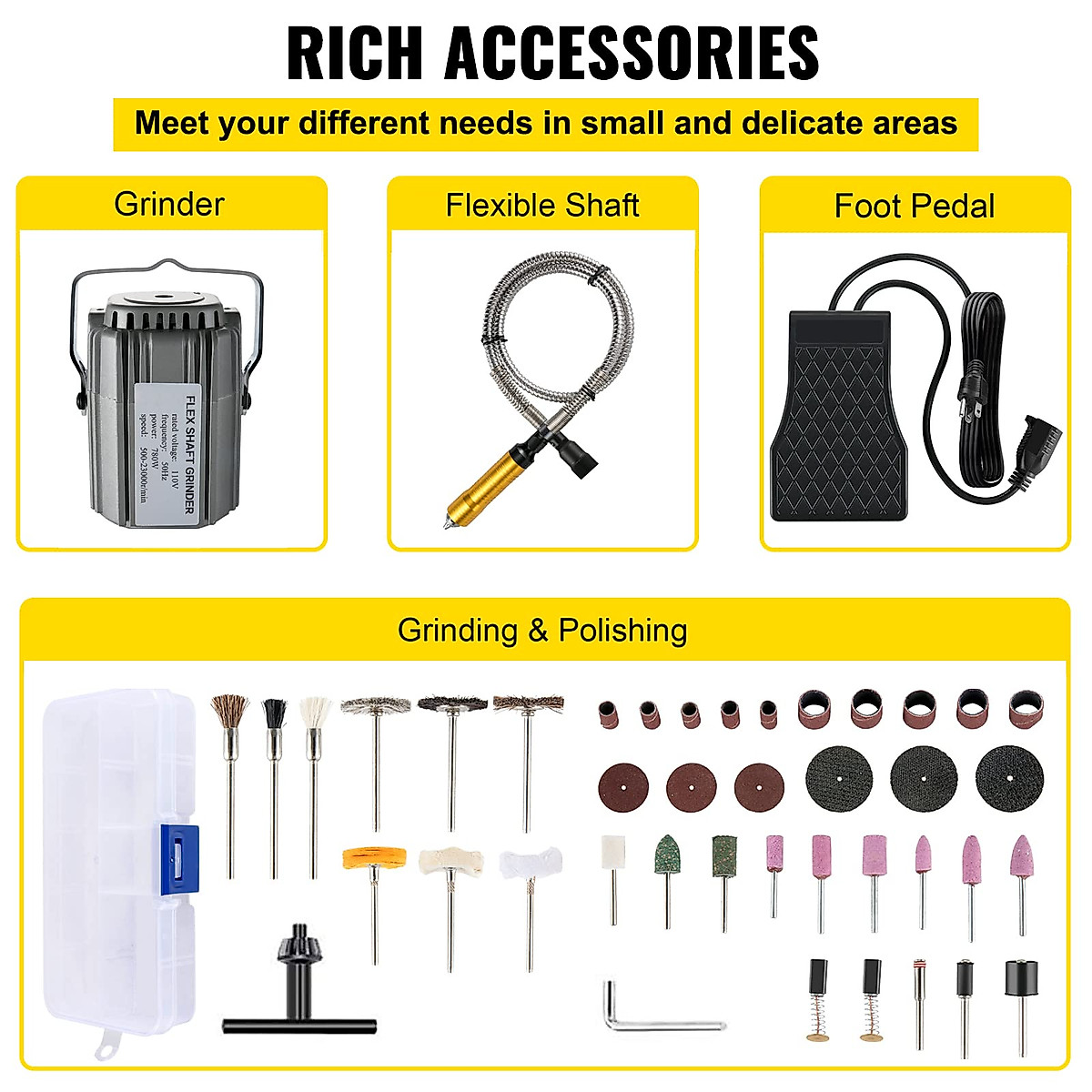 VEVOR Flex Shaft Grinder 560W Rotary Tool with 1/4" 3-Jaw Chuck & Stepless Speed Foot Pedal Rotary Carver 500-25000RPM Hanging Grinding Machine 131PCS for Carving, Buffing,Drilling,Polishing