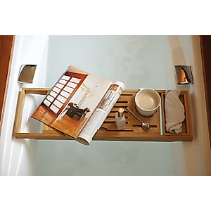 Enlux Bamboo Bathtub Tray, Expandable Premium Bath Tray for Tub Luxury Bath, with Free Cotton Towel, Soap Dish, Wine Glass Slot and Tablet Holder Waterproof Bathtub Trays for Tub Best Gift (Bamboo)