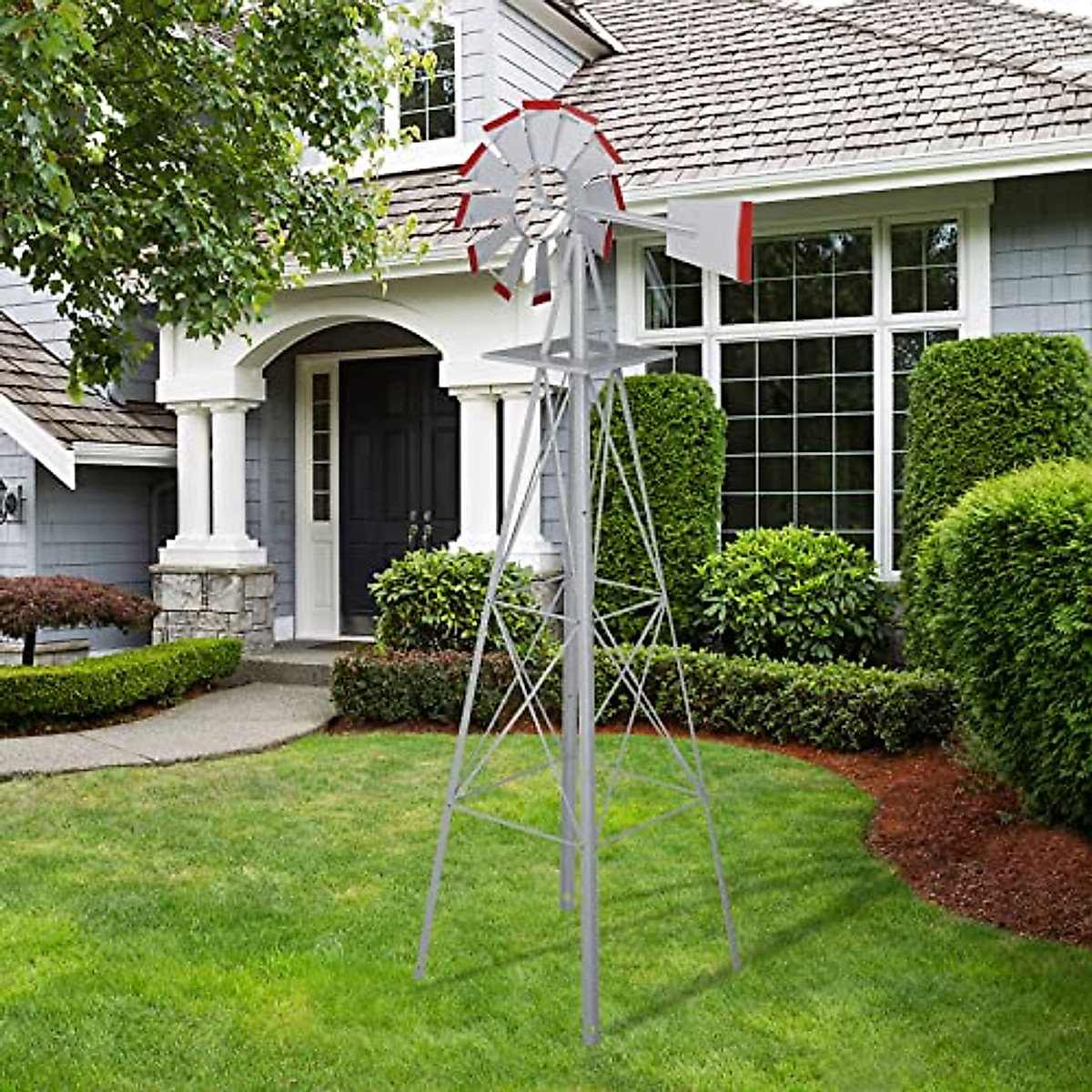 Crownland 8FT Ornamental Windmill Backyard Garden Decoration Weather Vane, Heavy Duty Metal Wind Mill Weather Resistant 4 Legs Design (Grey)