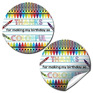 Crayon Thank You Birthday Party Sticker Labels, 40 2" Party Circle Stickers by AmandaCreation, Great for Party Favors, Envelope Seals & Goodie Bags