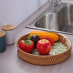 LURRIER Round Rattan Woven Serving Tray with Wood Bead Set, Decorative Coffee Table Tray with Handle, Serving Basket with Mother of Pearl Inlay Wooden Base, Display for Home,12in (Safari in Monstera)