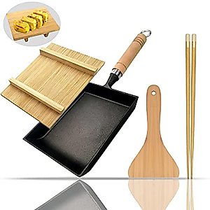 WSGSYYDS Tamagoyaki Japanese Omelette Pan Cast Iron with Wooden Lid, Square Japanese Egg Pan, Rectangle Tamago Pan with Spatula & Chopsticks 7” x 6” (Black)
