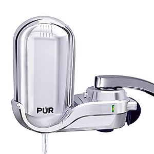 PUR PLUS Vertical Faucet Mount Water Filtration System with 3-in-1 Lead Reducing Filter for Great-Tasting Filtered Tap Water, Lasts 100 Gallons, Fits Most Kitchen or Bathroom Faucets, Stainless Steel