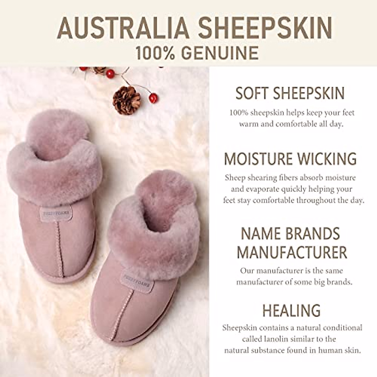 FUZZYFOAMS Genuine Australian Sheepskin Women Slippers Memory Foam Shearling Slipper Water Resistant Warm and Fluffy Indoor Outdoor House Shoes U822YMBT901.SY-Dusty Pink-40