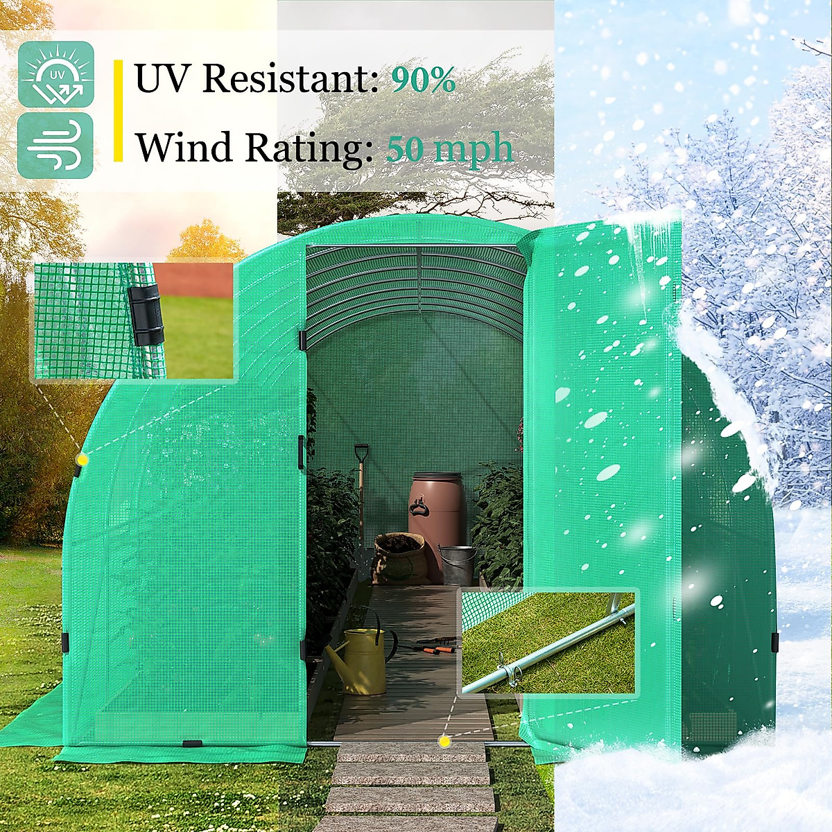 Papababe 28x10x7.5 FT Extra high Large Walk-in Greenhouse for Outdoors, Upgraded Swing Door, Heavy Duty Galvanized Steel Frame Tunnel Greenhouse kit, Reinforced PE Cover & Film Clips, Green