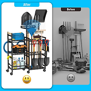 NADAMOO Large Garden Tool Organizer with Rolling Wheel, Metal Shelf Yard Tool Holder, 3-tier Utility Stand Rack for Garage Organization and Storage, Hold Long-Handled Rakes, Shovel, Broom
