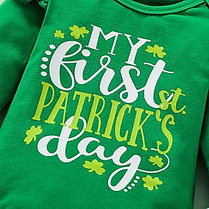 GRNSHTS Baby Girl My First St.Patrick's Day Clothes Long Sleeve Ruffle Romper Bell-Bottomed Pants Headband 3Pcs Clover Print Outfits（Green-C,0-3M