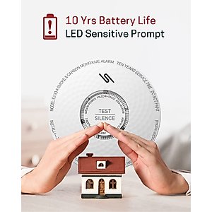 Ecoey 10-Year Smoke and Carbon Monoxide Detector, Dual Sensor Smoke CO Alarm with Built-in Battery and Silence Function,FJ183-A,4 Packs