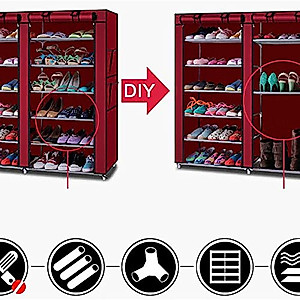 9 Tier Shoe Rack, Space Saving Portable Shoe Rack Storage Organizer, 10 Tiers 9 Lattices Non-Woven Waterproof Fabric Cover Shoe Rack (Wine Red, 6-Row 2-Line 12 Lattices)