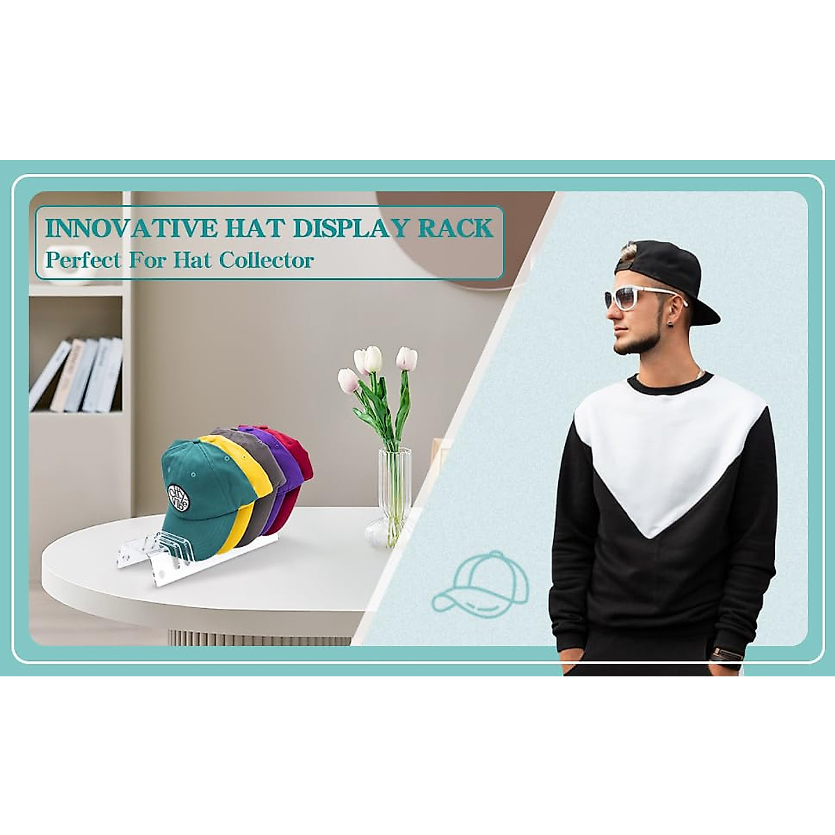 Acrylic Hat storage for Baseball Caps 2 Pack-Hat Holder for 24 Baseball Caps,Football,Snapback Caps,Hat rack,No install required,Multipurpose Hat Display Organizer Stand for Bedroom,Closet,Dresser