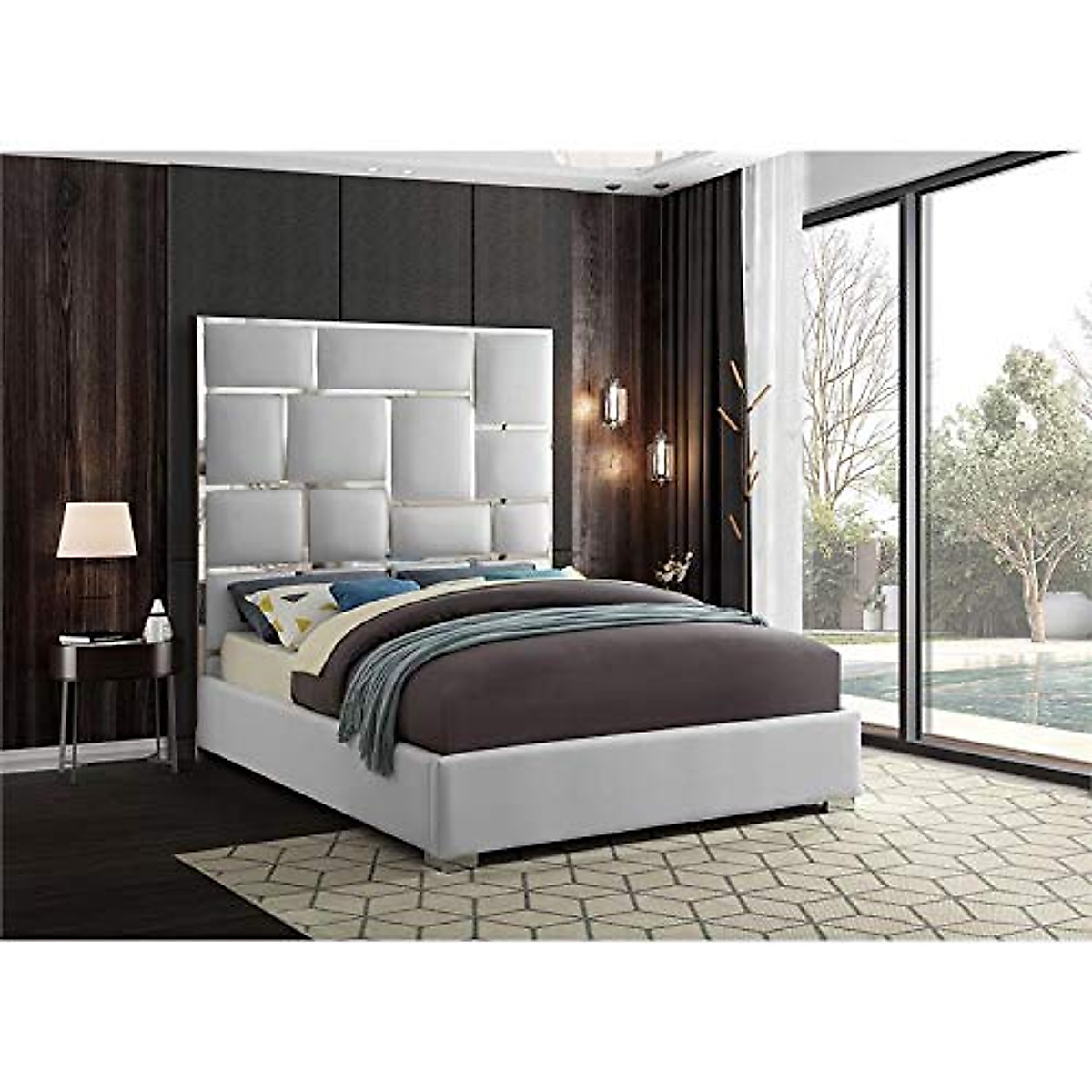 Meridian Furniture Milan Collection Modern | Contemporary Faux Leather Upholstered Bed with Custom Chrome Metal Legs and Geometric Designed Headboard, King, White
