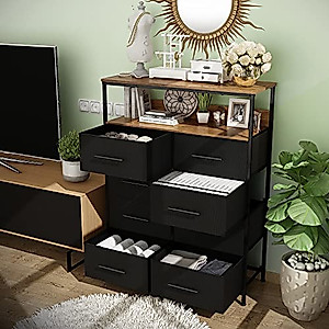 WARM&LOVE 8 Drawer Dresser with Shelves, Chest of Drawers for Bedroom with Wood Top, Black Dresser Storage Organizer Unit with Fabric Bins for Closet/Living Room/Hallway/Nursery
