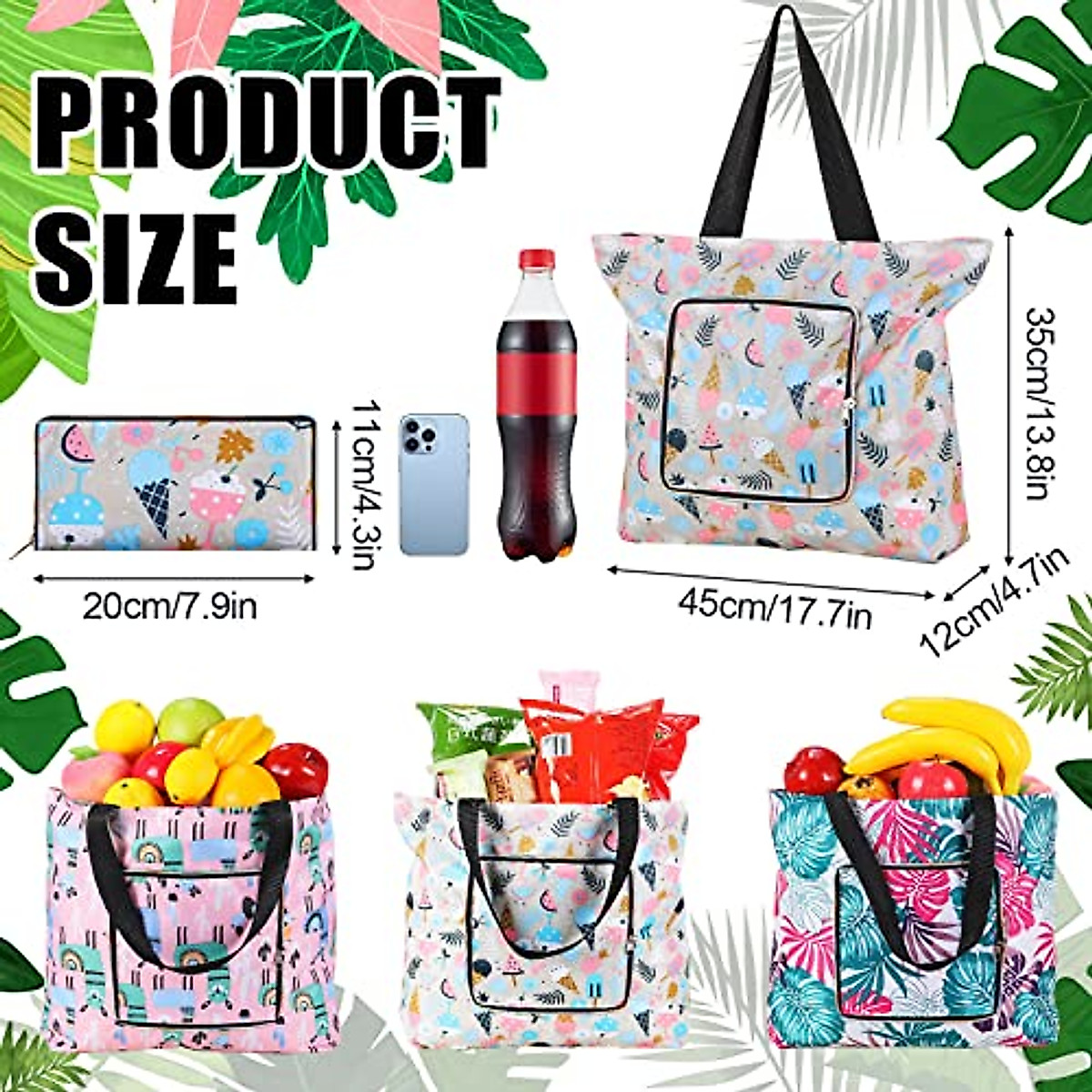 Woanger 4 Pcs Reusable Shopping Bags Washable Foldable Grocery Bags with Handles Zippered Waterproof Tote Oxford(Cute Style)