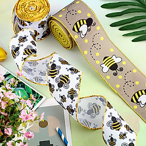 2 Rolls 20 Yards Bee Wired Edge Ribbons Honeybee Canvas Wired Edge Ribbons Black Yellow Wired Edge Ribbon for DIY Craft Wrapping Floral Hanging Ornaments, 2 Styles
