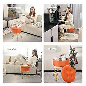 YLCHHOMY Round Vanity Stool with Storage, Velvet Storage Ottoman Footrest Stool Chair Holds up to 300 lb Small Soft Makeup Stool Modern Dressing Stool for Bedroom, Living Room, Bathroom -Orange