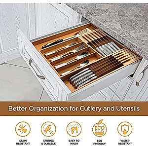 Utensil Organizer for Kitchen Drawers - Bamboo Silverware Organizer - Expandable Utensil Holder and Cutlery Tray with Divider and Removable Knife Block | 17” Long, Adjustable from 13” to 22.2”