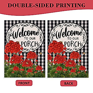 Covido Home Decorative Welcome to Our Porch Geranium Spring Summer Garden Flag, Red Flower Black White Buffalo Plaid Check House Yard Outside Decoration Fall Autumn Farmhouse Outdoor Small Decor 12x18