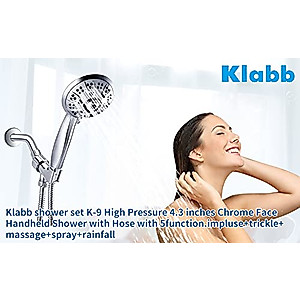 Klabb shower set K-9 High Pressure 4.3 inches Chrome Face Handheld Shower with Hose with 5 function.impluse+trickle+massage+spray+rainfall