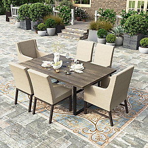 HERA'S HOUSE 7-Piece Outdoor Dining Set, Patio Dining Furniture Set for 6, 64" Rectangular Faux Woodgrain Metal Table with 6 Cushioned Patio Chairs, Patio Table and Chairs for Garden Lawn Backyard