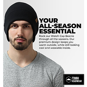 Tough Headwear Cuffed Beanie Hats for Men - Winter Beanies for Women - Toboggan Hat - Mens Winter Knit Hat - Stocking Cap Black