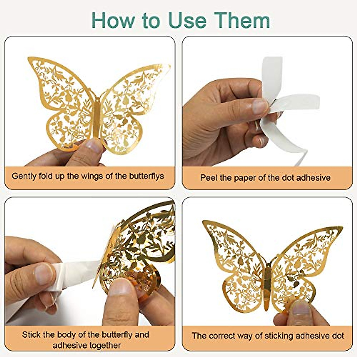 ForTomorrow Butterfly Wall Decals Gold Metallic Paper 3D Home Decor Art Stickers DIY Man-Made Decorative Murals for Living Room Kids Girls Bedroom Nursery Party