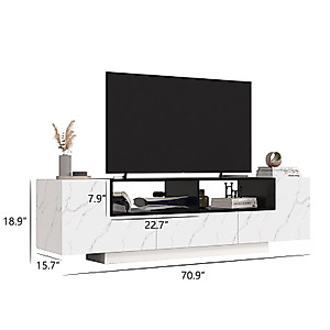 HOMFAMILIA 70in LED TV Stand for 75 Inch TV, Large Gaming Entertainment Center with Storage Cabinets and Open Shelves, Modern TV Console for Living Room, Bedroom(White Marble)