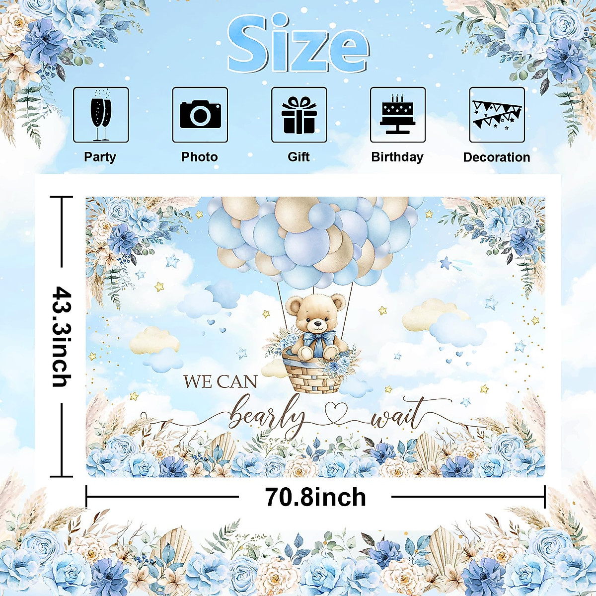 Avezano We Can Bearly Wait Backdrop Boho Blue Floral We Can Bearly Wait Banner Bearly Wait Baby Shower Party Decorations for Boys 70.8x43.3 inch (Blue)