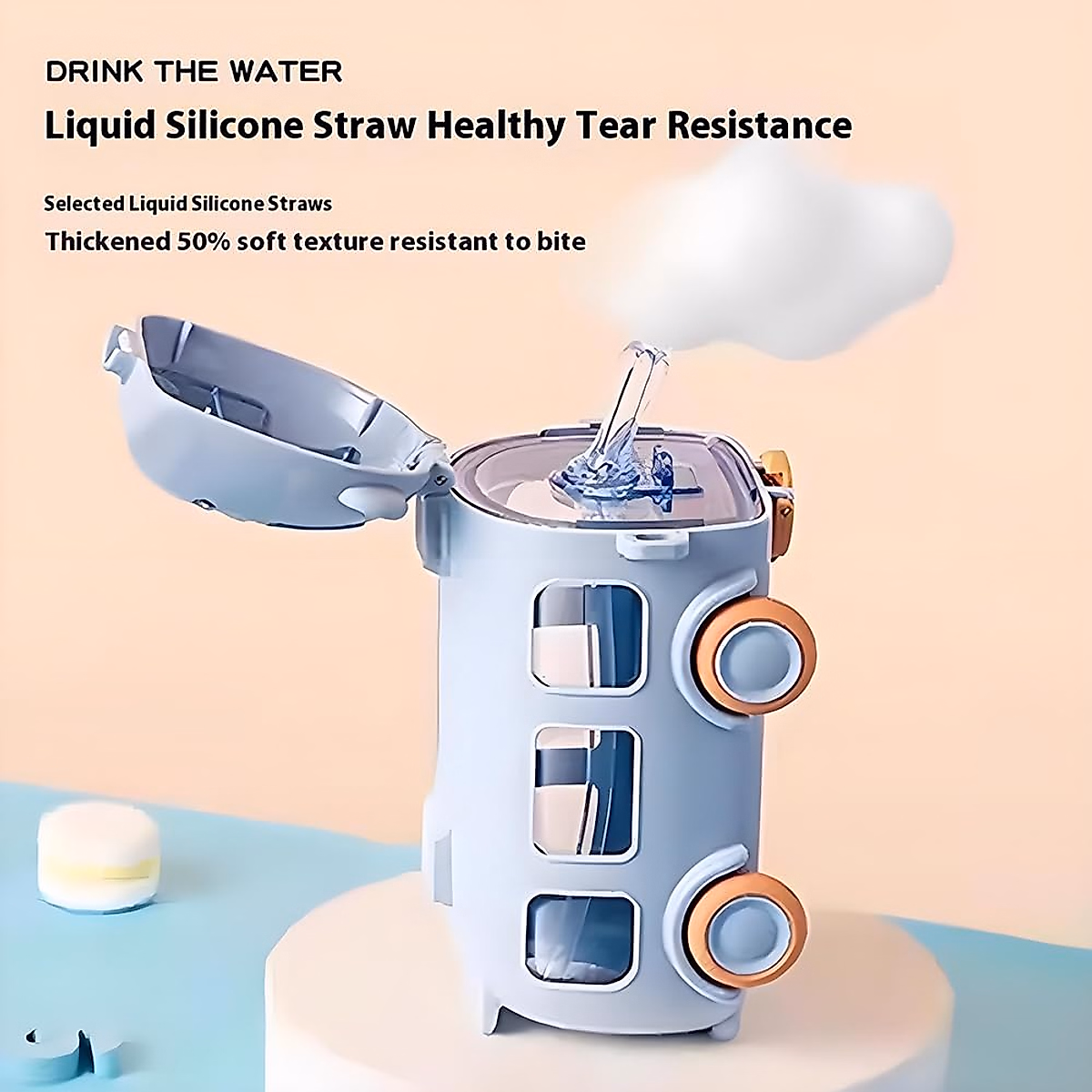 Portable Water Cup in Bus Shape with Strap, 16.9Oz Leak Proof Bus Shaped Water Cup Bottle, Portable Cute Bounce Flip Top Straw Drinking Bottle, Detachable Fun Cars Jug Toy for Camping (blue)