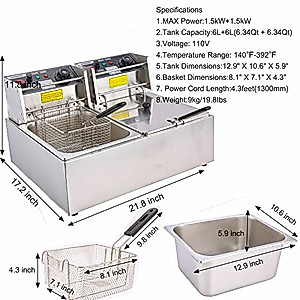 Casulo Electric Deep Fryer with Removable 2 x 6L Basket & Lid, 20.7QT Commercial Deep Fryers with Temperature Limiter, Stainless Steel Double Fryer for Turkey, French Fries, Donuts and More