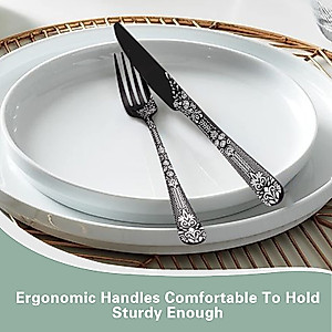 EUIRIO 72-Piece Black Silverware Set with Steak Knives,Black Flatware Set for 12,Stainless Steel Tableware Cutlery Set,Kitchen Utensils Spoon and Fork Set with Floral Laser,Dishwasher Safe