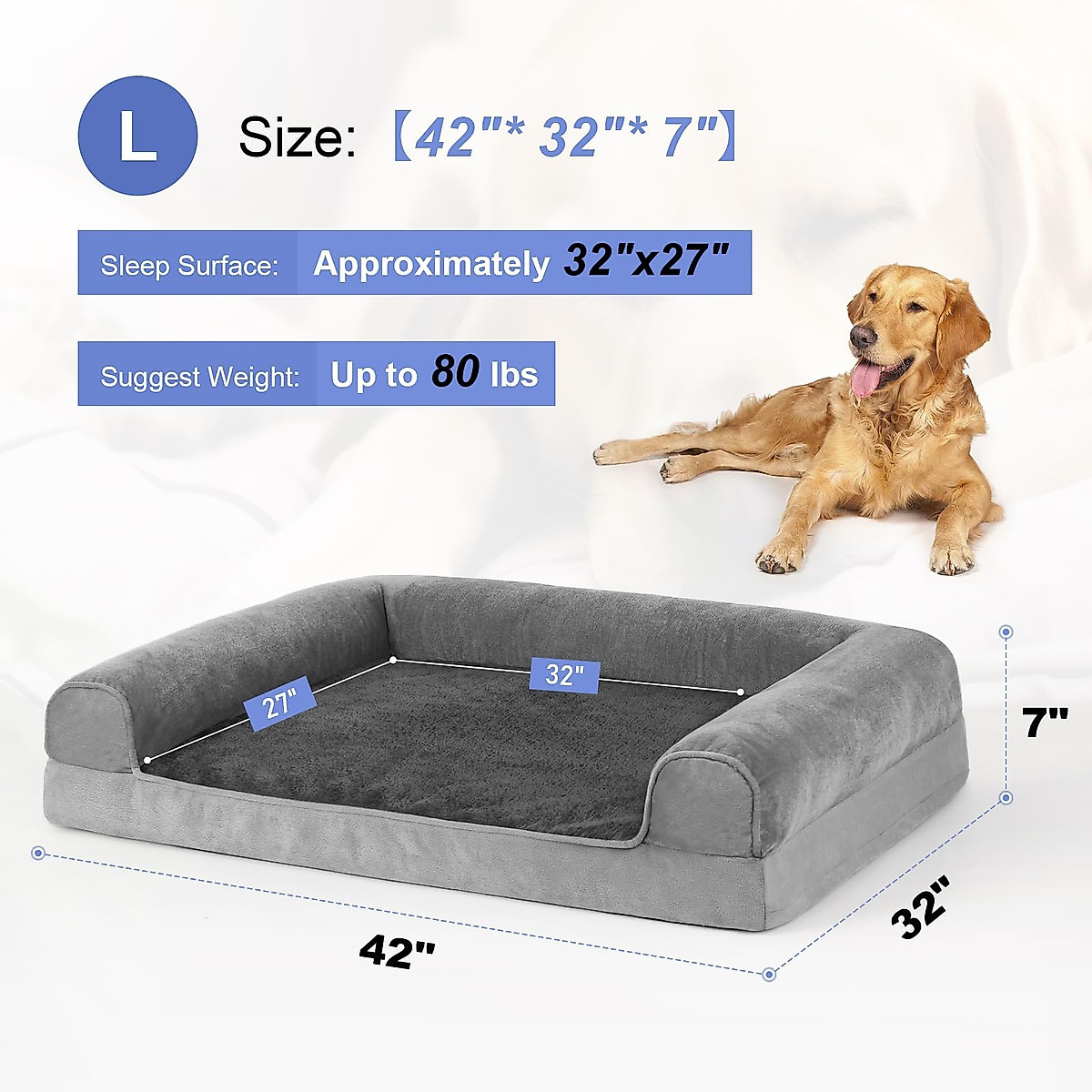 Sivomens Orthopedic Dog Bed for Large Dogs, Thick Egg-Crate Bolster Dog Bed with Sides, Removable Washable Cover and Nonskid Bottom Pet Sofa beds for Comfortable Sleep
