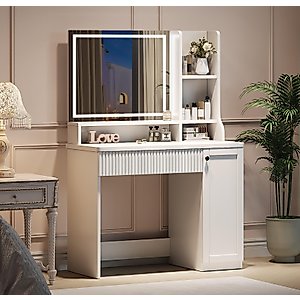 Dripex Makeup Vanity Desk with Mirror and Lights Bedroom Dressing Table, Makeup Table with Drawer, Cabinet, Adjustable LED Lights -White