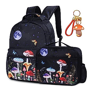 Lopevctor Mushroom Backpack Set for Girls Women, Mushroom Backpack with Lunch Bag and Keychain, Mushroom Gifts Daypack Bookbag for School