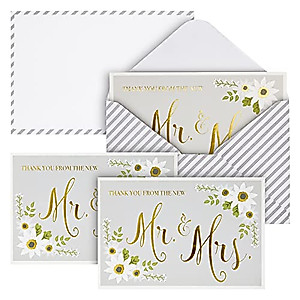 Sustainable Greetings 48 Pack New Mr and Mrs Wedding Thank You Cards with Striped Decorative Envelopes (4x6 In)