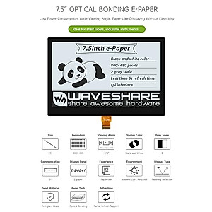 Waveshare 7.5inch E-Paper E-Ink Optical Bonding Display Compatible with Raspberry Pi 4B/3B+/3B/2B/B+/A+/Zero/Zero W/WH/Zero 2W Series Boards 800×480 Pixels Dual-Color with SPI Interface Without PCB