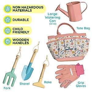 Gardening Set, Tool Kit, for Kids, STEM, Includes Tote Bag, Spade, Watering Can, Rake, Fork, Trowel and Gloves (Petal)
