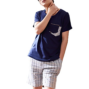 Leisure Home Big Boys Pajamas,Long Plaid Strips Cotton Shorts Tee Shirt Sleepwear Teens 8-18 Years (10-12 Years, BuleGrey), BoyPJS009