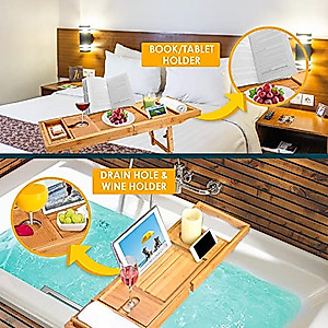 MarkPride Bamboo Bathtub Caddy Tray, Expandable Luxury Bath Table, Adjustable Accessories, with Book/Tablet Holder, Wine Glass Slot, Gift Idea for Loved Ones