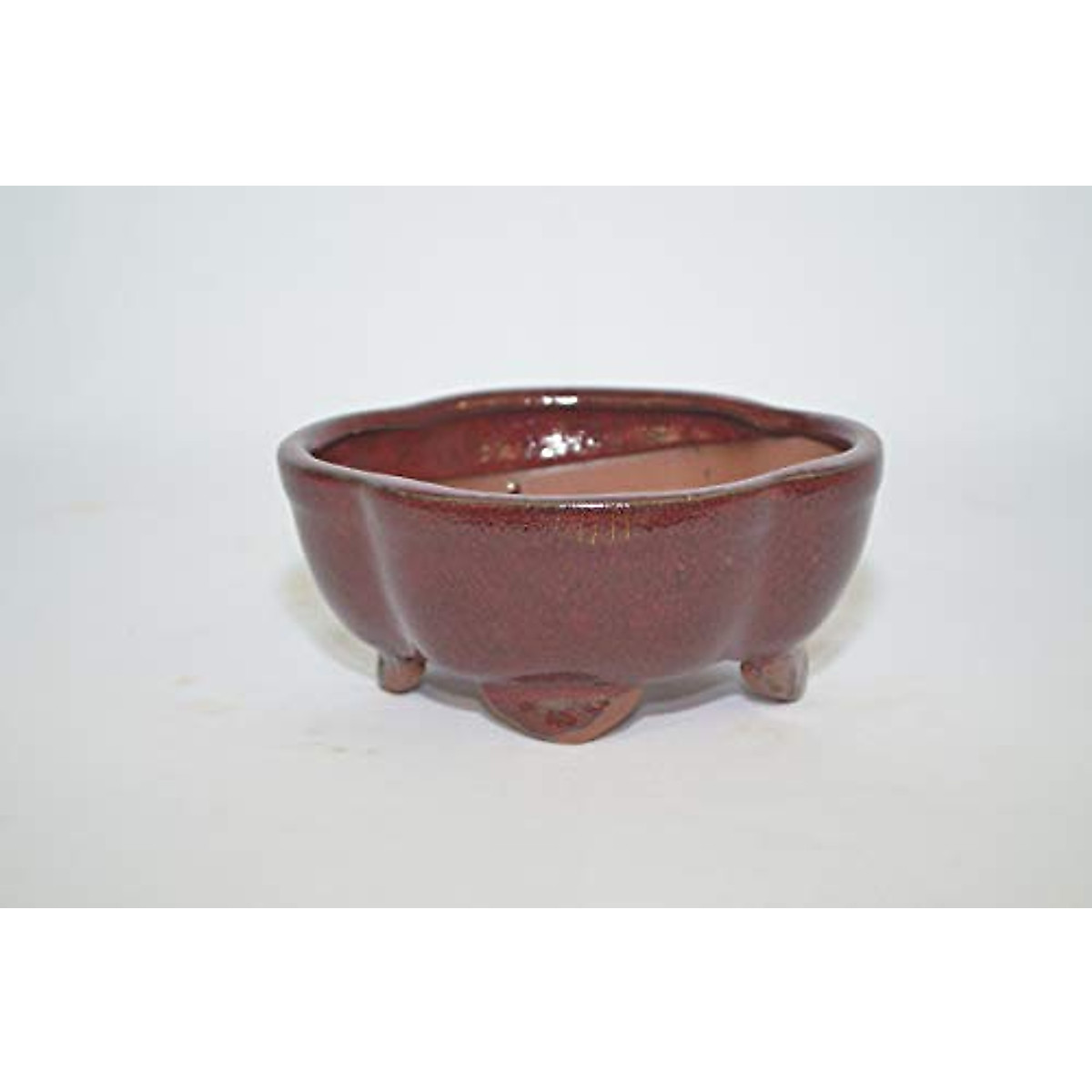 Bonsai Ceramic Pot 5" Lotus Shape, Burgundy Color with draining Holes.