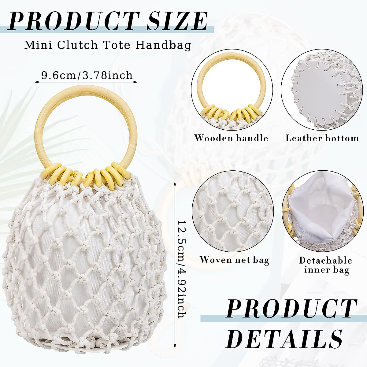 Sweetude Mini Clutch Tote Handbag 2 Pairs Rattan Earrings for Women Girls Bucket Drawstring Handbag Bohemian Woven Clutch (White)
