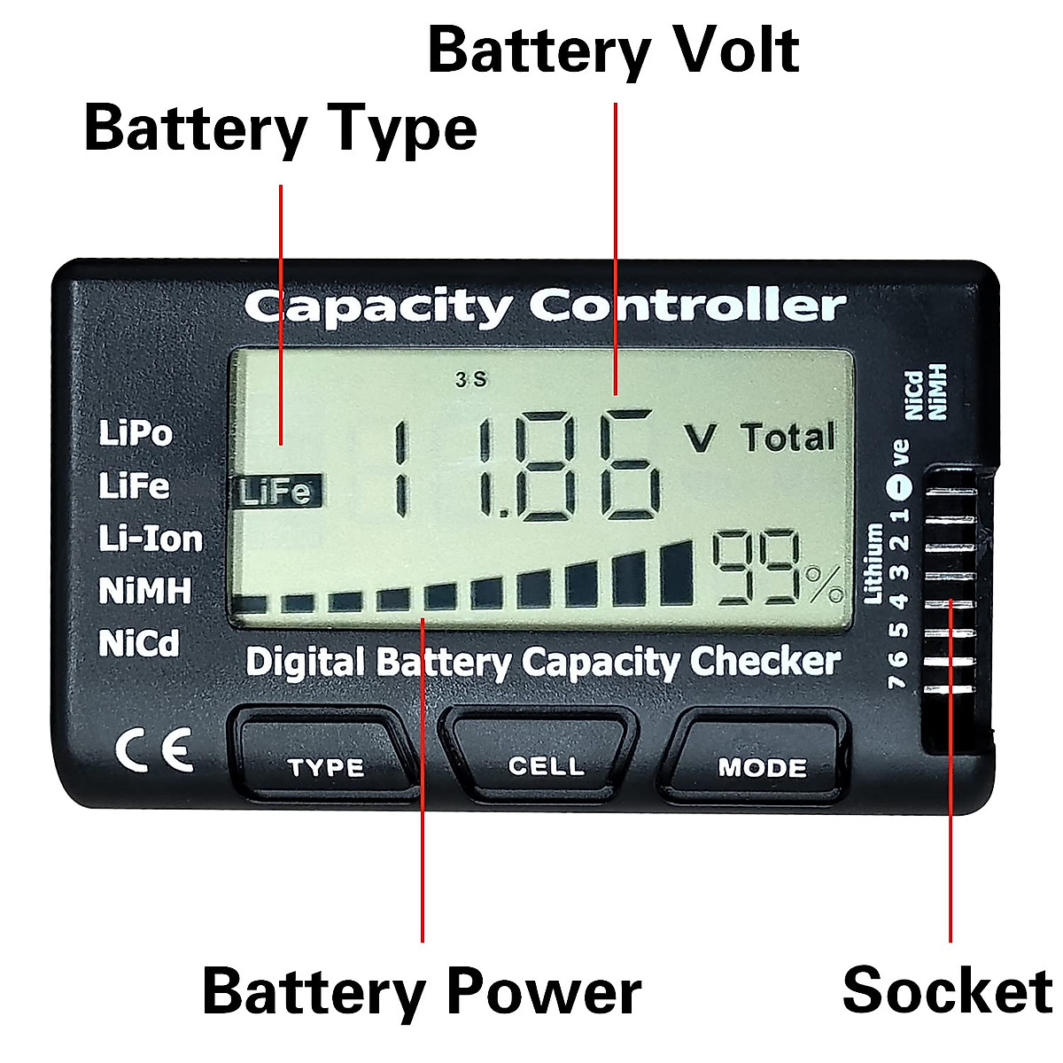 SUPULSE Battery Tester Digital Battery Capacity Checker Controller Tester Voltage Tester for LiPo/Life/Li-ion/NiCd/NiMH Battery Capacity Controller