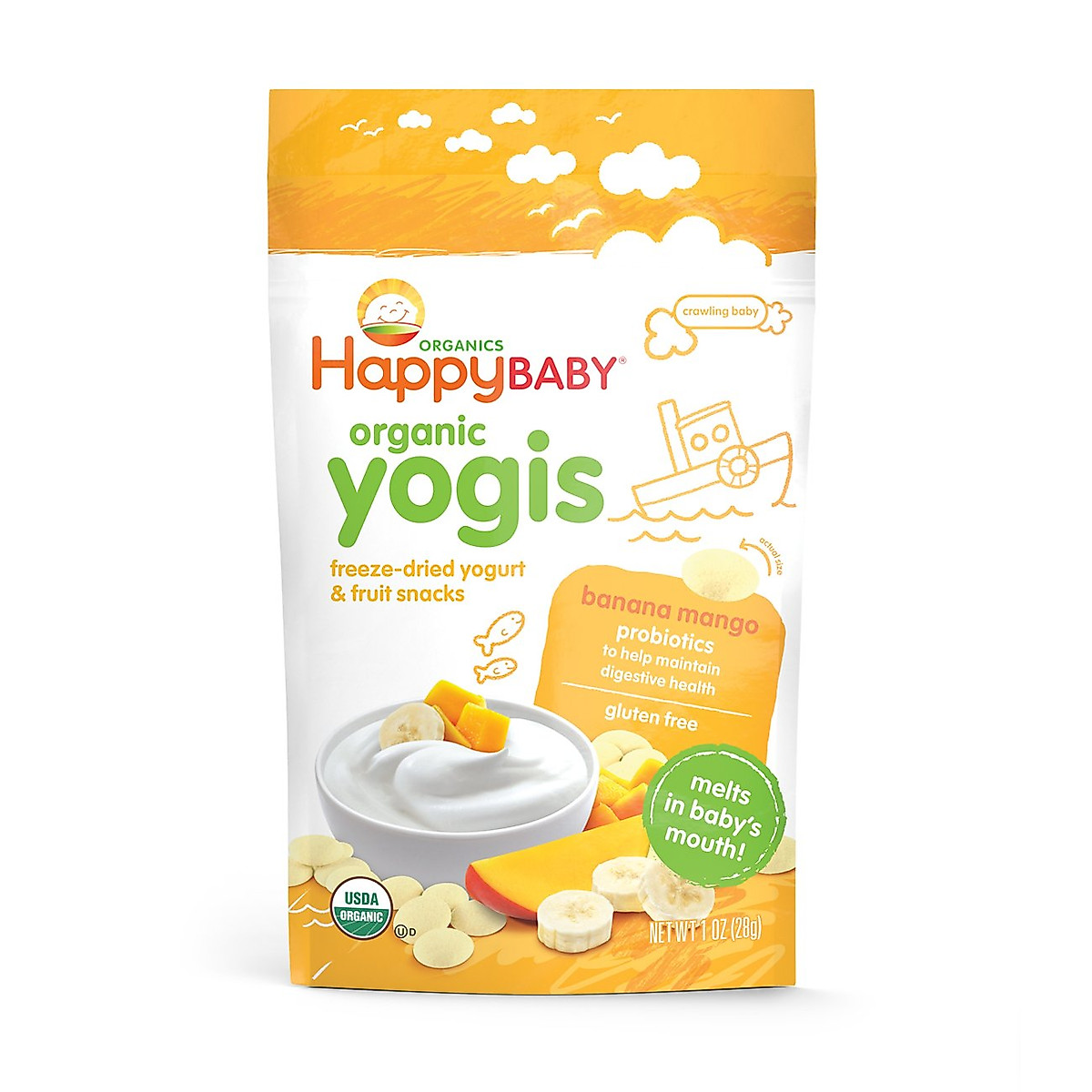 Happy Baby Organic Yogis Freeze-Dried Yogurt & Fruit Snacks, Banana Mango, 1 Ounce